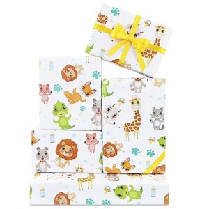 animals jungle wrapping paper for baby infant boys girls, forest giraffe lion dinosaur pig fox feeder gift wrapping paper sheet with ribbon for baby shower birthday kindergarten newborn children kids