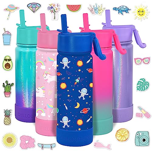 CHILLOUT LIFE 17 oz Kids Insulated Water Bottle for School with Straw Lid Leakproof and Cute Waterproof Stickers, Personalized Stainless Steel Thermos Flask Metal Water Bottle, Blue Space