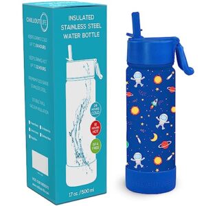 CHILLOUT LIFE 17 oz Kids Insulated Water Bottle for School with Straw Lid Leakproof and Cute Waterproof Stickers, Personalized Stainless Steel Thermos Flask Metal Water Bottle, Blue Space