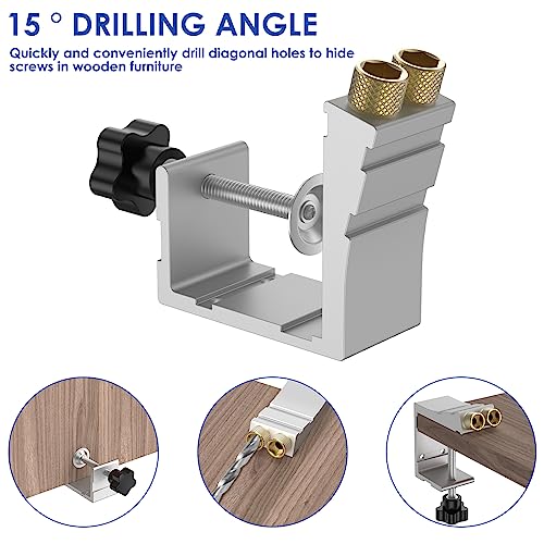 Pocket Hole Jig Kit, 15 Degree Angle Oblique Hole Puncher Locator, High Precision Adjustable Woodworking Drill Guide Tool Kit for DIY Carpentry Projects Portable Unit or Mount to Bench