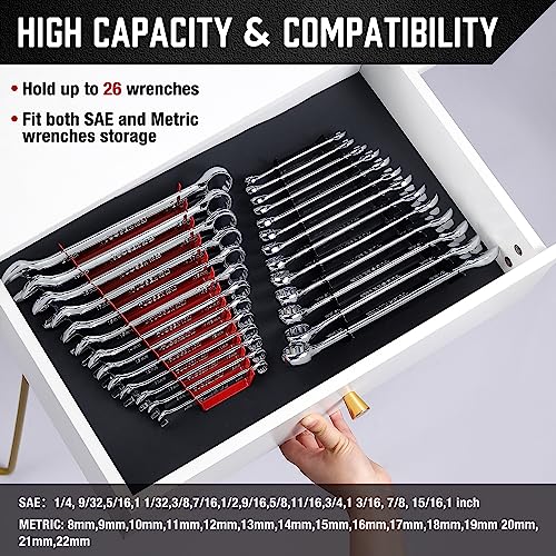 ALOANES 26-Slot Metal Wrench Organizer, Heavy Duty Wrench Organizer Tray for Tool Box, Professional Fit SAE & Metric Wrench Storage, 2 Pack Wrench Holders(Red&Black)