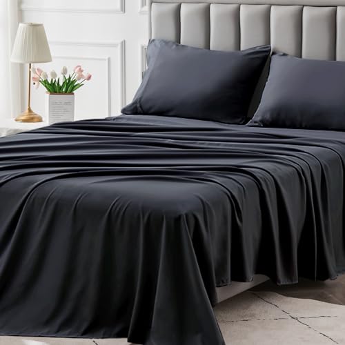 QUINEEHOME Queen Sheet Set 4 Pieces, Cooling Bed Sheets Soft & Breathable Brushed Microfiber, Fade Resistant Sheet Set with 15" Deep Pocket -Dark Grey