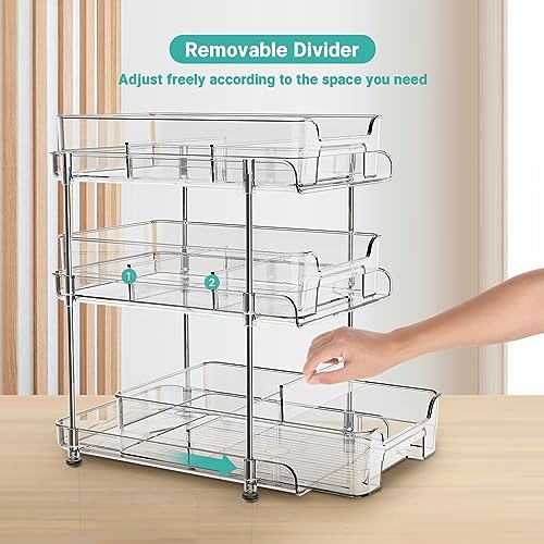 Fulpower 3 Tier Bathroom Organizers with Dividers, Clear Medicine Cabinet Organizer Pull-Out Under Sink Organizers, Multi-Purpose Storage Organizers for Skincare Cosmetic Pantry 2 Pack