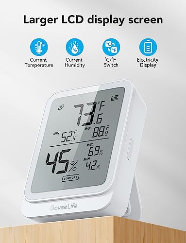 GoveeLife 36'' Smart Tower Fan for Bedroom Bundle with Hygrometer Thermometer H5104, Bluetooth Room Temperature Monitor with APP Alert and 2 Years Date Storage Export, Remote LCD Digital Display