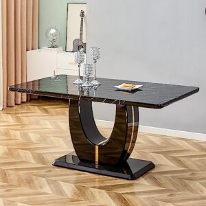 Black Marble Dining Table for 4-6 People, 64inch Modern Kitchen Table with Faux Marble Tabletop and Hevy-Duty U-Shape Base, Large Long Dining Room Pedestal Table for Dining Room