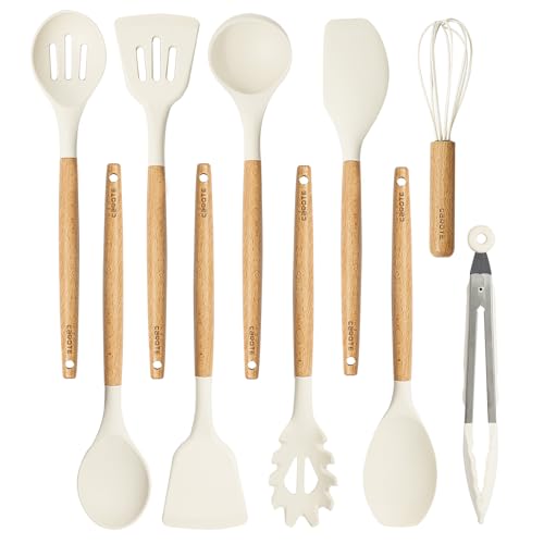 CAROTE Silicon Cooking Utensils Set for Kitchen,446°F Heat Resistant 10 pcs Non-Stick Cooking Set with Wooden Handle Spatula Turner Spoon Tongs Whisk