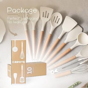 CAROTE Silicon Cooking Utensils Set for Kitchen,446°F Heat Resistant 10 pcs Non-Stick Cooking Set with Wooden Handle Spatula Turner Spoon Tongs Whisk