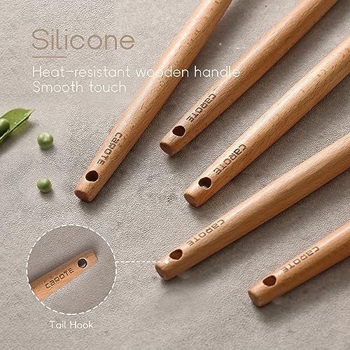 CAROTE Silicon Cooking Utensils Set for Kitchen,446°F Heat Resistant 10 pcs Non-Stick Cooking Set with Wooden Handle Spatula Turner Spoon Tongs Whisk