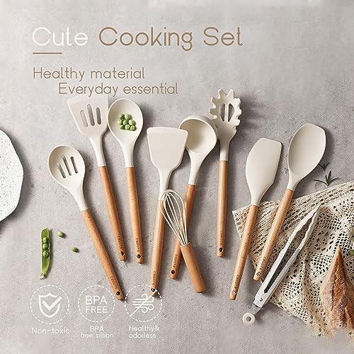 CAROTE Silicon Cooking Utensils Set for Kitchen,446°F Heat Resistant 10 pcs Non-Stick Cooking Set with Wooden Handle Spatula Turner Spoon Tongs Whisk