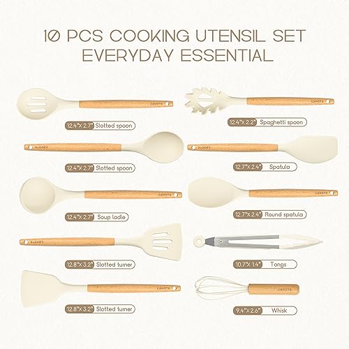 CAROTE Silicon Cooking Utensils Set for Kitchen,446°F Heat Resistant 10 pcs Non-Stick Cooking Set with Wooden Handle Spatula Turner Spoon Tongs Whisk