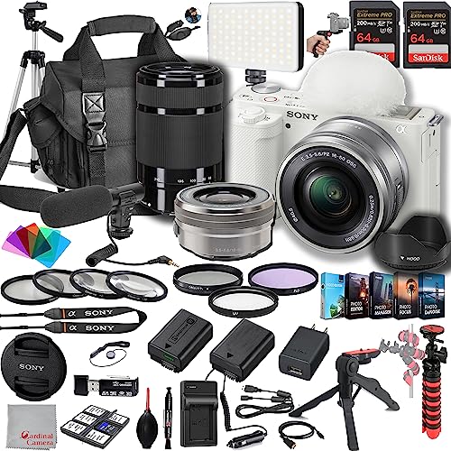 Sony ZV-E10 Mirrorless Camera with 16-50mm + 55-210mm Lenses, 128GB Extreem Speed Memory,Microphone, 120 LED Video Light, Tripod, Spare Battery & Charger (White)-Deluxe Bundle