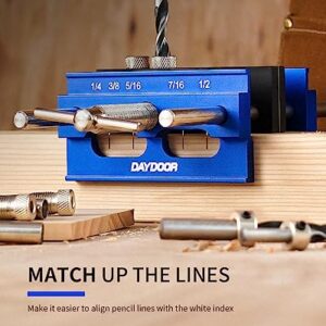 DAYDOOR Wide Capacity Self Centering Doweling Jig Kit, Adjustable Width Dowel Jig for Woodworking, 6.7inch Centering Jig for Straight Holes Biscuit Joiner Set with 6 Bushings and 3 Drill Bits(Blue)