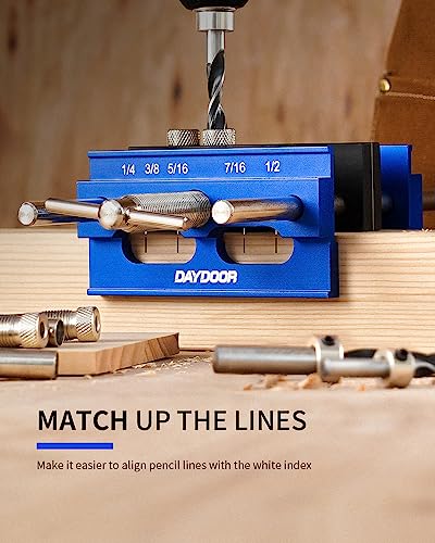 DAYDOOR Wide Capacity Self Centering Doweling Jig Kit, Adjustable Width Dowel Jig for Woodworking, 6.7inch Centering Jig for Straight Holes Biscuit Joiner Set with 6 Bushings and 3 Drill Bits(Blue)