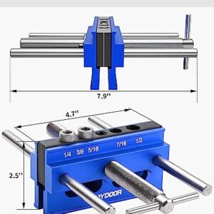 DAYDOOR Wide Capacity Self Centering Doweling Jig Kit, Adjustable Width Dowel Jig for Woodworking, 6.7inch Centering Jig for Straight Holes Biscuit Joiner Set with 6 Bushings and 3 Drill Bits(Blue)