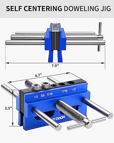 DAYDOOR Wide Capacity Self Centering Doweling Jig Kit, Adjustable Width Dowel Jig for Woodworking, 6.7inch Centering Jig for Straight Holes Biscuit Joiner Set with 6 Bushings and 3 Drill Bits(Blue)