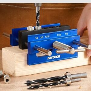 DAYDOOR Wide Capacity Self Centering Doweling Jig Kit, Adjustable Width Dowel Jig for Woodworking, 6.7inch Centering Jig for Straight Holes Biscuit Joiner Set with 6 Bushings and 3 Drill Bits(Blue)