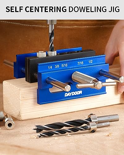 DAYDOOR Wide Capacity Self Centering Doweling Jig Kit, Adjustable Width Dowel Jig for Woodworking, 6.7inch Centering Jig for Straight Holes Biscuit Joiner Set with 6 Bushings and 3 Drill Bits(Blue)