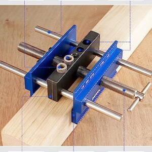 DAYDOOR Wide Capacity Self Centering Doweling Jig Kit, Adjustable Width Dowel Jig for Woodworking, 6.7inch Centering Jig for Straight Holes Biscuit Joiner Set with 6 Bushings and 3 Drill Bits(Blue)