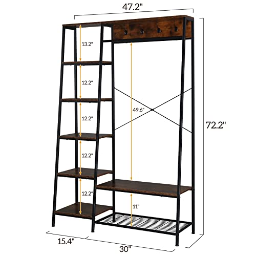 Kcelarec Clothing Rack with Hooks, Clothes Rack with Storage Shelves, Freestanding Clothing Rack, Garment Rack, Standing Metal Sturdy Clothing Rack, Small Space Storage Solution (Style 1)