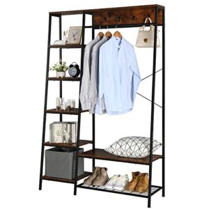 Kcelarec Clothing Rack with Hooks, Clothes Rack with Storage Shelves, Freestanding Clothing Rack, Garment Rack, Standing Metal Sturdy Clothing Rack, Small Space Storage Solution (Style 1)