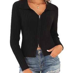 ZAFUL Women's Zip Up Sweater Long Sleeve Polo V Neck Ribbed Knit Slim Cropped Sweater Pullover Jumper Tops (0-Black, M)