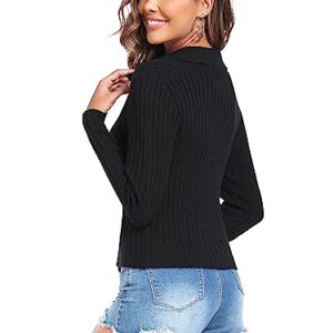 ZAFUL Women's Zip Up Sweater Long Sleeve Polo V Neck Ribbed Knit Slim Cropped Sweater Pullover Jumper Tops (0-Black, M)