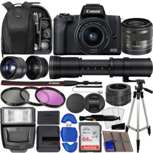 canon eos m50 mark ii mirrorless digital slr with 15-45mm lens (black) + 420-800mm super zoom lens, wide angle lens, telephoto lens, 64gb memory card, 3pc filter kit, tripod, card reader + pro bundle