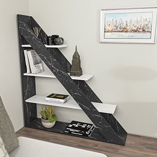 Decorotika Pisagor Modern Bookcase Triangular Shelf Geometric Design Bookshelf Display Shelf for Home or Office (Black Marble)