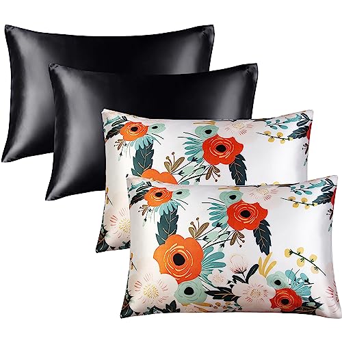 BEDELITE Satin Silk Pillowcase for Hair and Skin, Pillow Cases Standard Size with Envelope Closure (Black 2pack and Multicolor 2pack, 20x26 Inches)