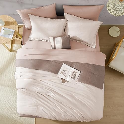 Monbix Pink Bedding Sets Full Size Comforter Set 8 Pieces, Reversible Full Size Bed Comforter Sets for College Girls, Soft Washable Cationic Dyed Bed in a Bag (80'' x 90'')