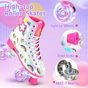 SULIFEEL Rainbow Roller Skates for Kids Size J13 with Adjustable Protective Gear Set Shiny Small