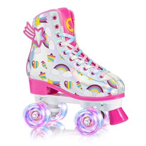 SULIFEEL Rainbow Roller Skates for Kids Size J13 with Adjustable Protective Gear Set Shiny Small