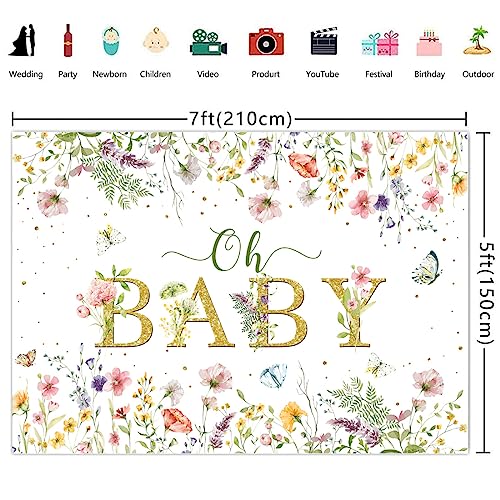 Wollmix Baby Shower Backdrop Decorations for Girl Oh Baby Banner Sign Pink Floral Flowers Butterfly Gold Dots Photography Background Newborn Party Decor Photo Booth Props Supplies Studio 7x5ft