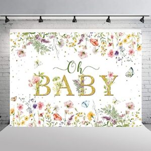 Wollmix Baby Shower Backdrop Decorations for Girl Oh Baby Banner Sign Pink Floral Flowers Butterfly Gold Dots Photography Background Newborn Party Decor Photo Booth Props Supplies Studio 7x5ft