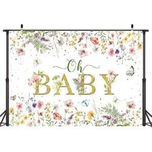 Wollmix Baby Shower Backdrop Decorations for Girl Oh Baby Banner Sign Pink Floral Flowers Butterfly Gold Dots Photography Background Newborn Party Decor Photo Booth Props Supplies Studio 7x5ft