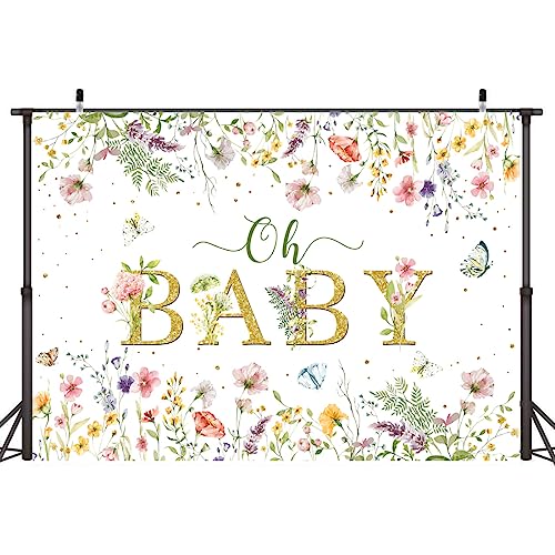 Wollmix Baby Shower Backdrop Decorations for Girl Oh Baby Banner Sign Pink Floral Flowers Butterfly Gold Dots Photography Background Newborn Party Decor Photo Booth Props Supplies Studio 7x5ft