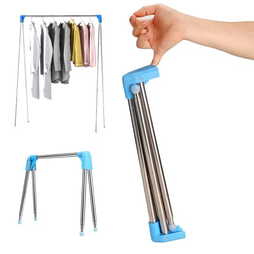 ANLEBUY Portable Travel Garment rack, Foldable Collapsible Clothing Rack, Folding Portable clothes rack for Dance, Painting, Travel, Camping, pool, Compact Mini Hanging Coat Drying Rack, Blue Used