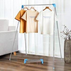 ANLEBUY Portable Travel Garment rack, Foldable Collapsible Clothing Rack, Folding Portable clothes rack for Dance, Painting, Travel, Camping, pool, Compact Mini Hanging Coat Drying Rack, Blue Used