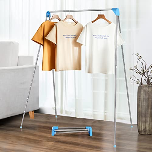 ANLEBUY Portable Travel Garment rack, Foldable Collapsible Clothing Rack, Folding Portable clothes rack for Dance, Painting, Travel, Camping, pool, Compact Mini Hanging Coat Drying Rack, Blue Used