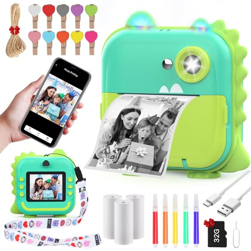 Instant Print Camera for Kids,Inkless Sticker Printer for Girls Boys Age 3-12, HD Digital Video Cameras, Mini Thermal Printer Kid Toy Gifts with 3 Rolls Photo Paper, 5 Color Pens, 32GB Card-Green