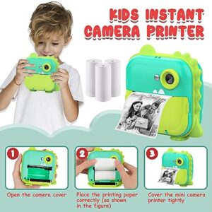 Instant Print Camera for Kids,Inkless Sticker Printer for Girls Boys Age 3-12, HD Digital Video Cameras, Mini Thermal Printer Kid Toy Gifts with 3 Rolls Photo Paper, 5 Color Pens, 32GB Card-Green