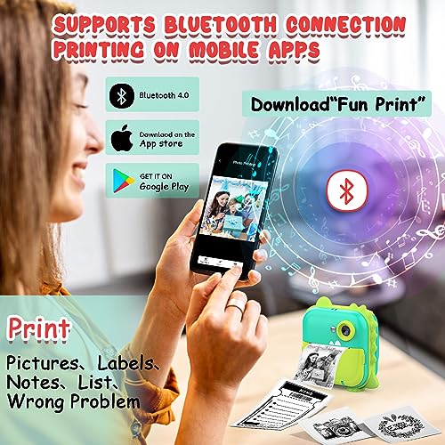 Instant Print Camera for Kids,Inkless Sticker Printer for Girls Boys Age 3-12, HD Digital Video Cameras, Mini Thermal Printer Kid Toy Gifts with 3 Rolls Photo Paper, 5 Color Pens, 32GB Card-Green