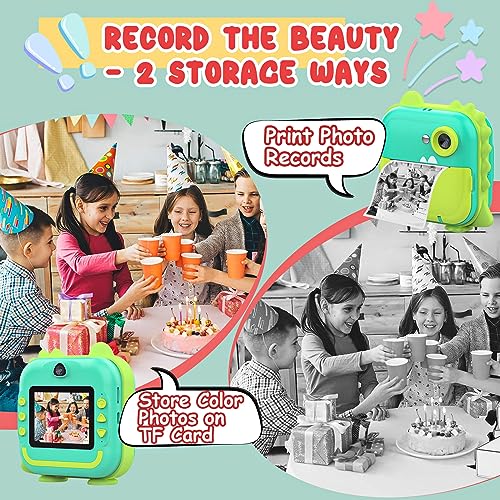 Instant Print Camera for Kids,Inkless Sticker Printer for Girls Boys Age 3-12, HD Digital Video Cameras, Mini Thermal Printer Kid Toy Gifts with 3 Rolls Photo Paper, 5 Color Pens, 32GB Card-Green