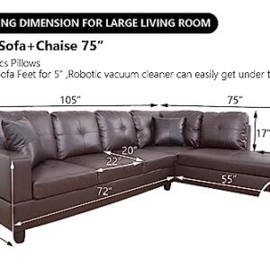 SIENWIEY Sectional Sofa Set, L-Shape Faux Leather Couch Living Room Sofa Set with Chaise Using for Living Room Furniture(Brown,Facing Right Chaise)