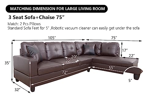 SIENWIEY Sectional Sofa Set, L-Shape Faux Leather Couch Living Room Sofa Set with Chaise Using for Living Room Furniture(Brown,Facing Right Chaise)