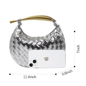 FEOFFS Woven Leather Hobe Dumpling Bag Dinner Handbag For Women Purse Hobo Bag Knotted Woven Summer Clutch Bag (Silver)