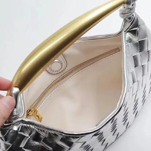 FEOFFS Woven Leather Hobe Dumpling Bag Dinner Handbag For Women Purse Hobo Bag Knotted Woven Summer Clutch Bag (Silver)