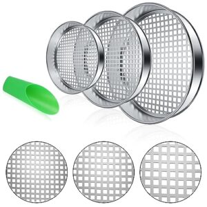 windyun 3 pcs rock garden sieve soil dirt sifter sand soil sieve compost sifter screen sifting screen pan metal dirt strainer with shovel tools for gardening bonsai beach gravel, 3 sieve mesh