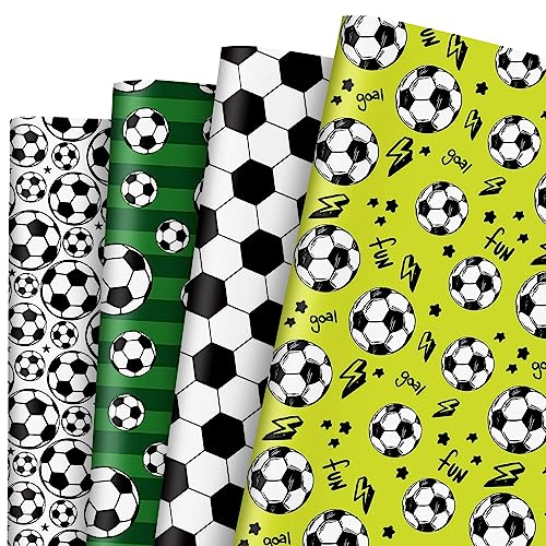 AnyDesign Football Wrapping Paper Sports Soccer Print Gift Wrap Paper Bulk Folded Flat Green White Black Football Art Paper for Theme Birthday Party Season Games Gift Wrapping, 19.7 x 27.6, 8 Sheet