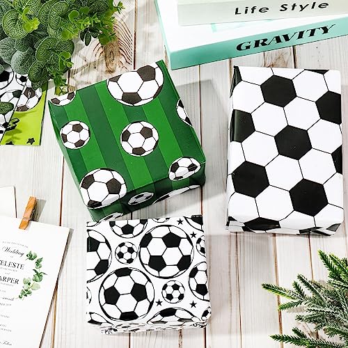 AnyDesign Football Wrapping Paper Sports Soccer Print Gift Wrap Paper Bulk Folded Flat Green White Black Football Art Paper for Theme Birthday Party Season Games Gift Wrapping, 19.7 x 27.6, 8 Sheet